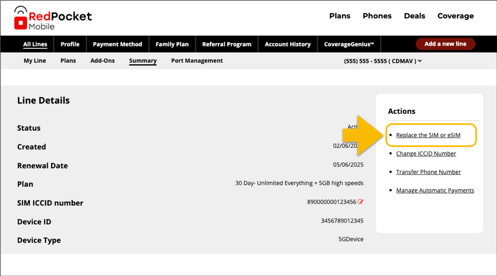 Changing or replacing the SIM card number (ICCID) on your account
